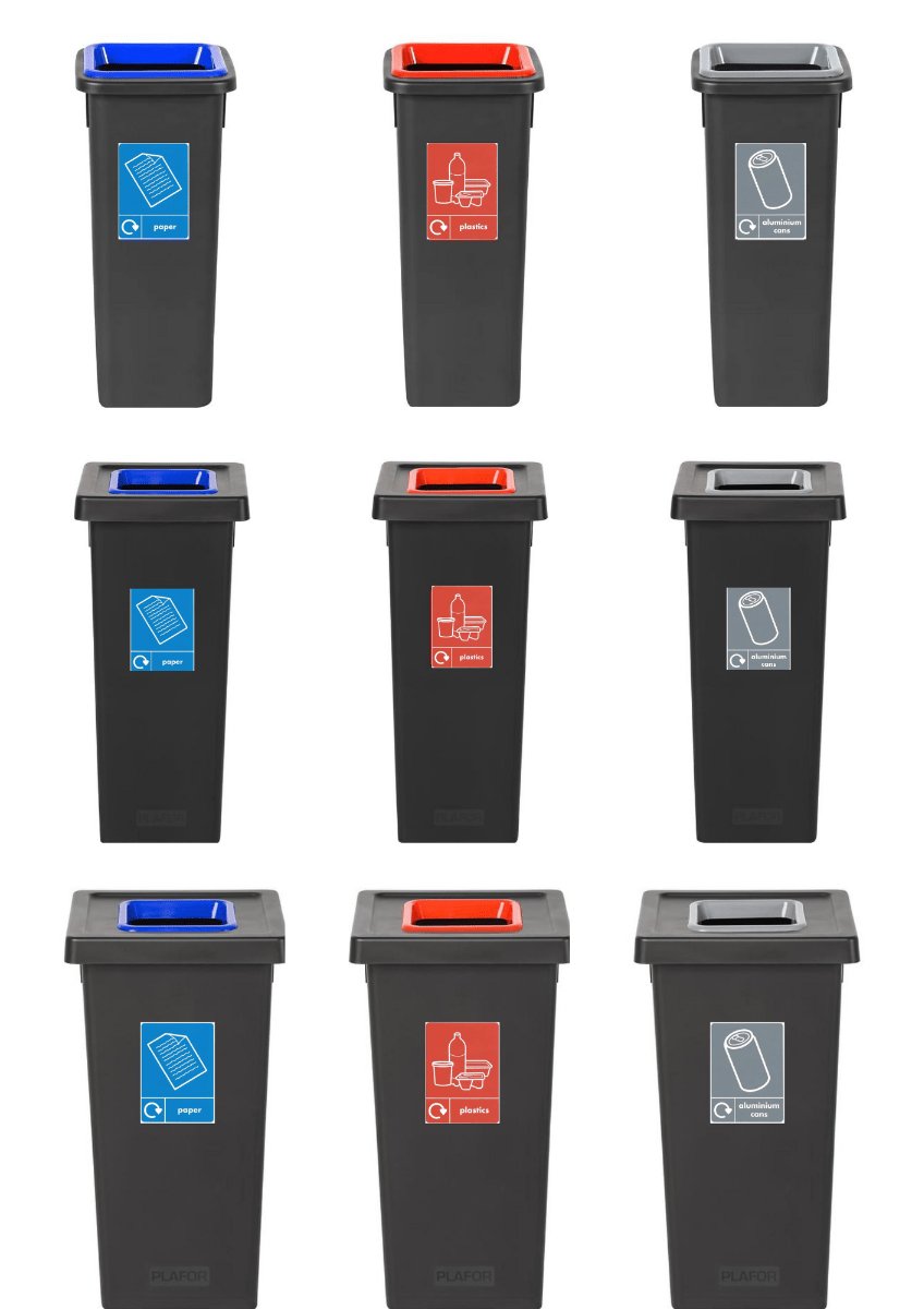 Freestanding Black Recycling Bins with Colour Coded Lids